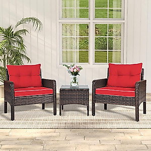 LDAILY Patio Furniture Set, 3 Pieces Outdoor Rattan Patio Chairs with Comfortable Cushion & Glass Tabletop, Outdoor Furniture Wicker Conversation Set for Porch, Balcony, Garden, Poolside (Red)