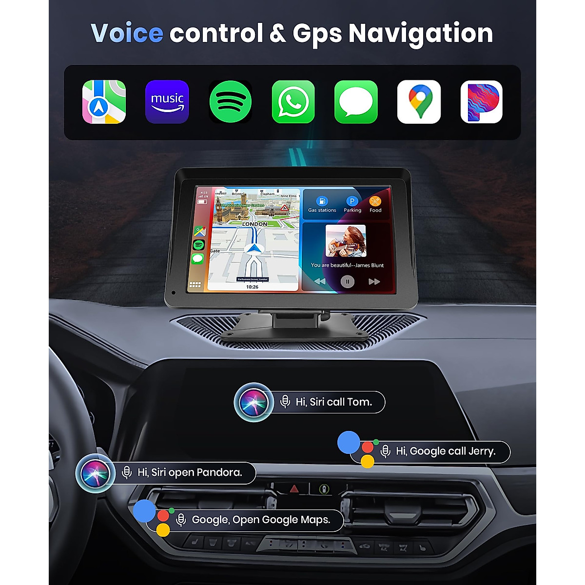 Podofo Portable Car Stereo Wireless Apple Carplay Android Auto,7 Inch Touch Screen Car Radio with Bluetooth Hands-Free/Mirror Link/Maps Navigation/Voice Control/TF Card/AUX,for Cars, Trucks, SUVs