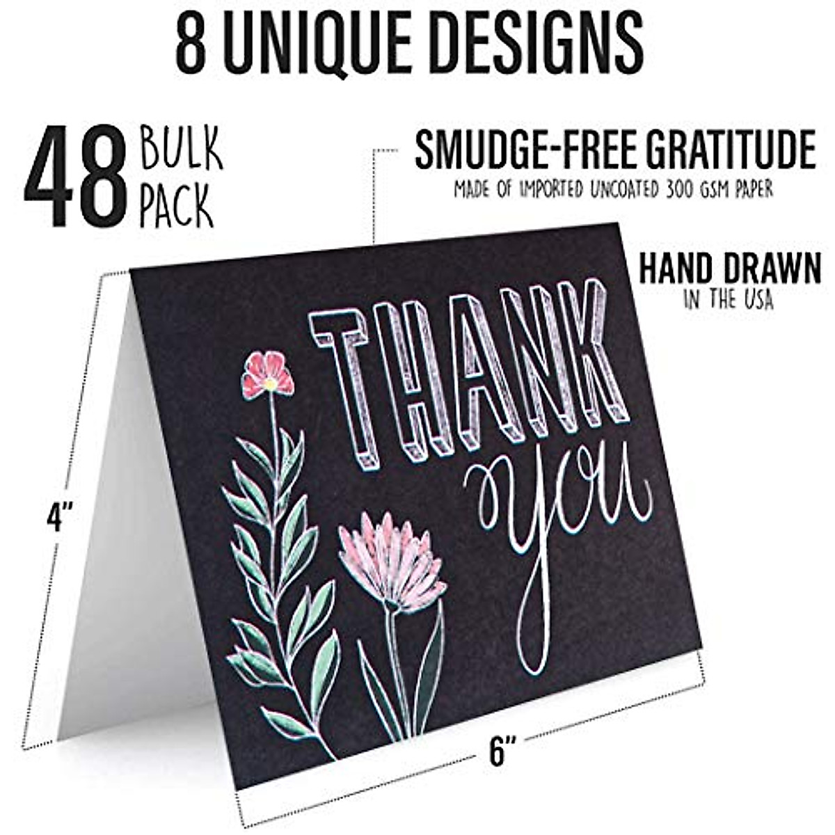 Chalkboard Floral Thank You Cards with Envelopes for Thank You Notes! Bulk Set of 48 Blank Gift Cards with Envelopes for Baby Shower Note Cards, Watercolor Wedding Thank You Cards and Bridal Shower Thankyou Card
