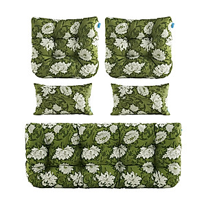 ARTPLAN Outdoor Cushions for Settee,Wicker Loveseat Cushions with Tie,Tufted Patio Cushions 2 U-Shaped Set of 5 Piece,L44xW19,Floral,Grass Green