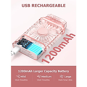 JENTXON Lady Handheld Fan, Rechargeable Small Personal Fan with 3 Speeds Setting, Powerful Quiet Pull-out Portable Fan, Mini Cooling Electric Fan for Girls Woman Office School Working Home - Pink