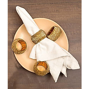 Goroly Home Beaded Napkin Rings Set of 4, Hand Made Round Beaded Napkin Rings Perfect for Christmas, Thanksgiving, Family Gatherings - A Beautiful Complements to Your Dinner Table Décor - Gold