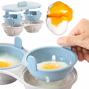 Microwave Egg Poacher, 2 Cavity Edible Silicone Drain Egg Boiler Set Double Egg Cups for Boiled Eggs Egg Maker Poached Egg Cooker Steamer Kitchen Cooking Gadget Tools(blue)