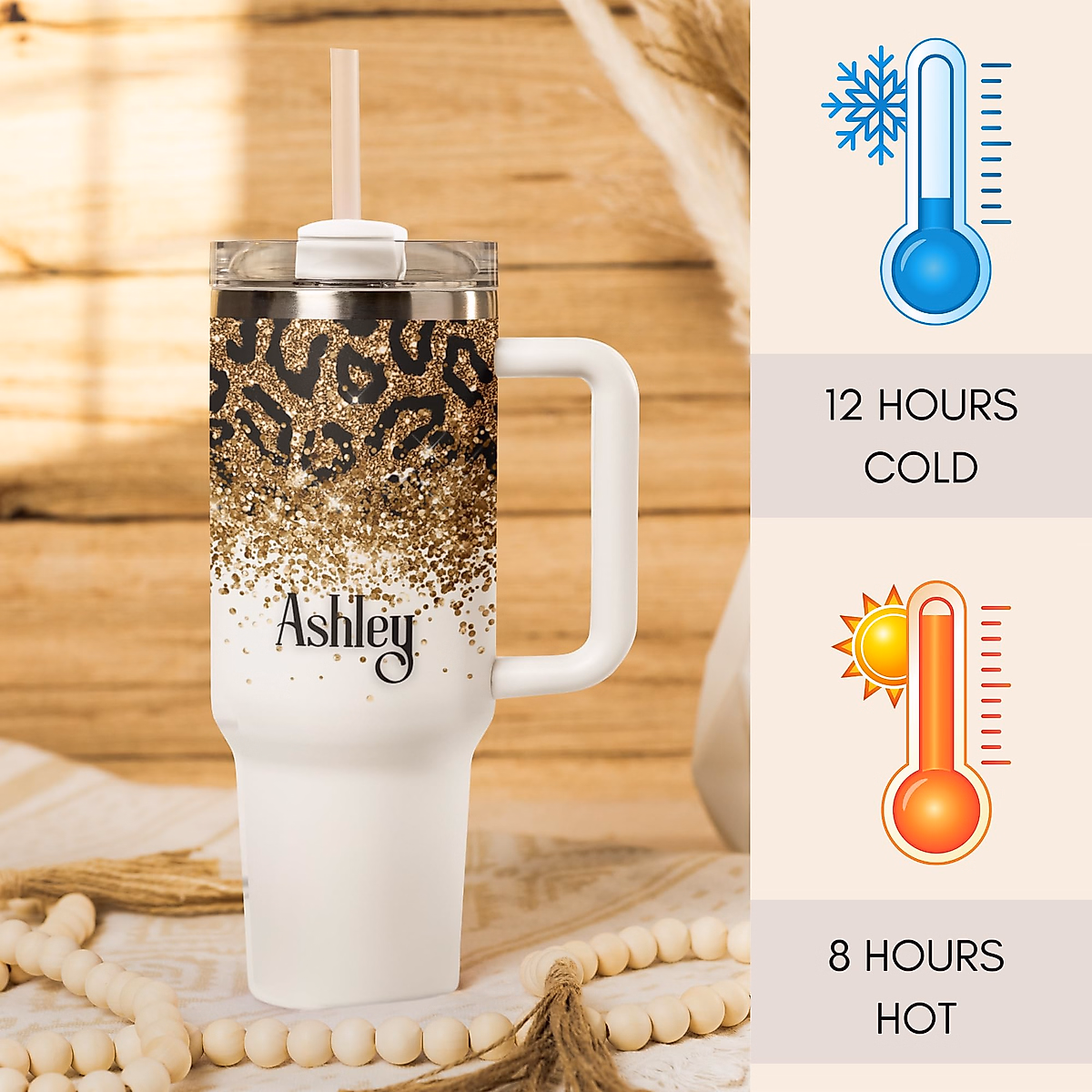 Personalized 40 oz Tumbler With Handle And Straw Lid Cheetah Print Glitter - Leopard Print Stainless Steel Insulated Travel Mug – Tumbler Gift For Women Mom Friend Teacher Nurse Her Birthday Christmas