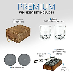 Whiskey Chilling Stones 2 Bourbon Glasses & Ice Tong - Premium Gift Box for Men Barware Supplies Set - Reusable Sipping Scotch Granite Rock Gifts for Boyfriend Husband Father