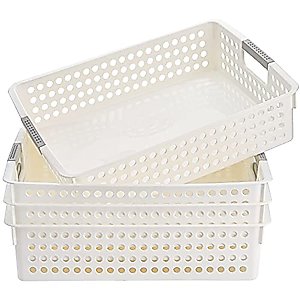Bekith 4 Pack Plastic Storage Tray Basket, A4 Paper Storage Organizer Basket, Classroom Office School File Holder, 14 Inches x 10 Inches x 3.4 Inches, White