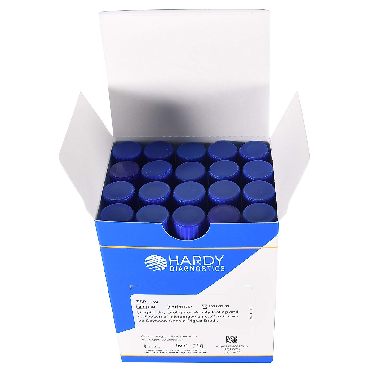 Tryptic Soy Broth (TSB), a General Growth Medium for Microorganisms, 5ml Fill, 16x100mm Tube, Optically Clear, Shatter Resistant, Polycarbonate Tube, Order by The Package of 20, by Hardy Diagnostics