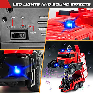 Remote Control Fire Truck With Led Sounds,RC Fire Truck Car Toy With 3pcs Small Firetrucks 10pcs Roadblock Models, One Button Press Spraying Water Transformer Fire Truck Toys For Kids Toddlers Boys