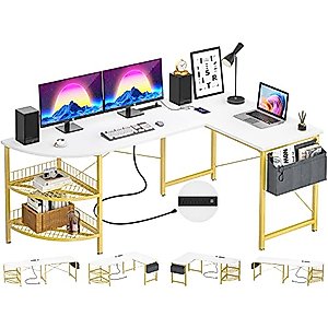 Unikito L Shaped Desk with Power Outlet, 98.4" Reversible Corner Computer Table with Storage Shelves and Bag, Modern 2 Person Large Long Desk for Home Office Writing Study Workstation, White