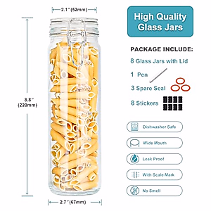 Ritayedet Airtight Glass Jars Set of 8 with Hinged Lids for Vanilla Extract, Portable Glass Water Bottles with Leak Proof Silicone Seal, 20 oz(600ml), Dishwasher Safe