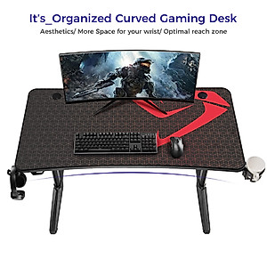 It's_Organized 47 inch Gaming Desk Racing Style Computer Desk with Free Mouse pad, T-Shaped Professional Gamer Game Station with USB Gaming Handle Rack, Cup Holder & Headphone Hook,Black