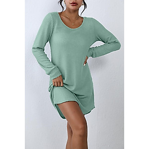 Ekouaer Womens Nightgown Waffle Knit Long Sleeve Nightgown Sleep shirts Night Dress for Women Green L
