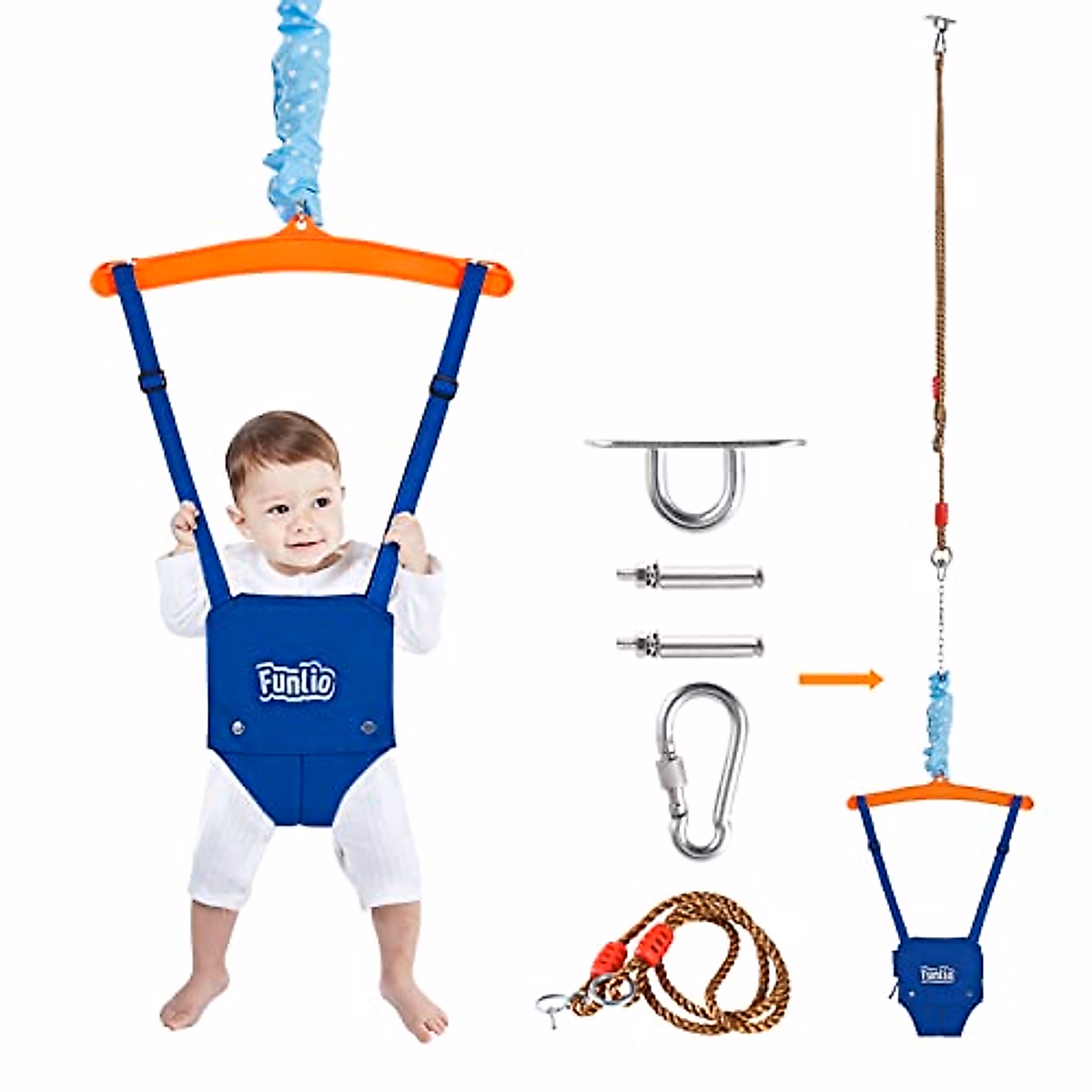FUNLIO Baby Jumper with a Ceiling Hook for 6-24 Months, Baby Door Jumper for Indoor/Outdoor Play, Infant Jumper Doorway with Adjustable Chain, Easy to Assemble & Store (with a Ceiling Hook)