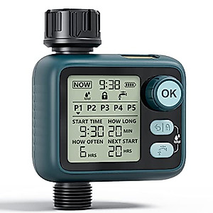 Sprinkler Timer with Rain Sensor and 5 Separate Watering Irrigation Programs, Diivoo Water Hose Timer with Auto & Manual Mode, IPX5 Waterproof for Garden, Outdoor Lawn, Pool