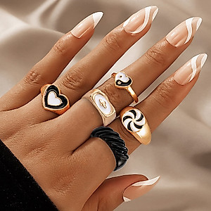 Long tiantian Chunky Rings for Teen Girls Colorful Stackable Rings Trendy Aesthetic Knuckle Rings Resin Signet Rings for Women(Chunky Rings Black)