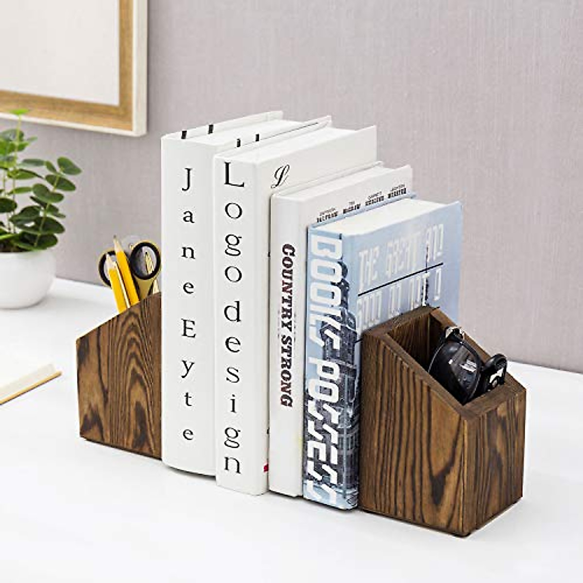 MyGift Rustic Brown Solid Wood Decorative Bookends, Office Desk Book Stand with Stationery Holder and Pencil Cup, 1-Pair
