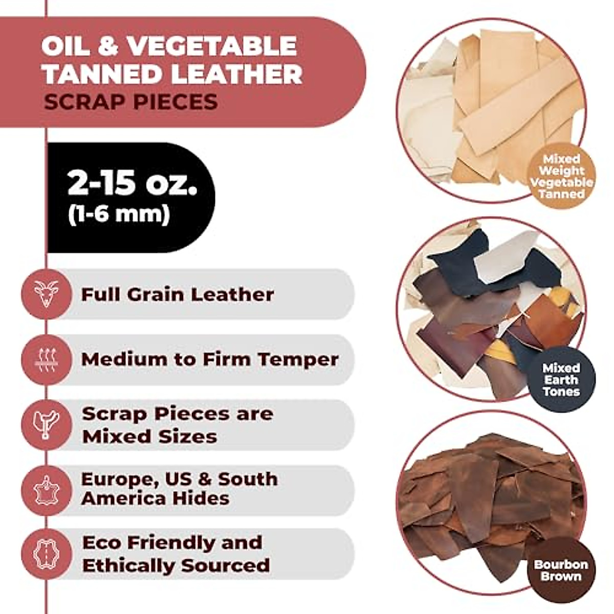 ELW 2-10 oz (.8-4mm) Thickness, 2 LB Vegetable Tanned Leather Scraps, Mixed Weight, Cowhide Remnants Full Grain Leather for Tooling, Holsters, Knife Sheath, Carving, Embossing, Stamping