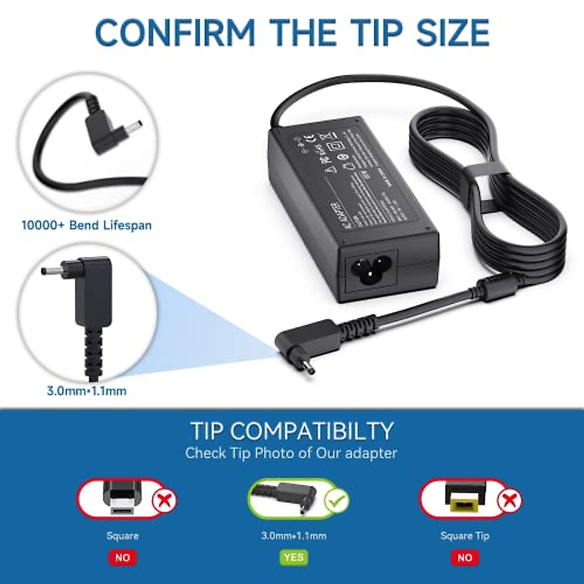 65W N15Q9 N15Q8 19V 2.37A Laptop Charger for Acer Chromebook CB3-532 C720 C740 C731 11 R11 R13 14 15 CB3 CB5 CB3-431 CB5-132T CB3-131 A13-045N2A PA-1450-26 Aspire 5 A515-54 A515-46-R14K Power Cord