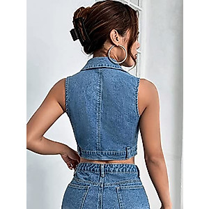 WDIRARA Women's Zipper Up Collared Scoop Neck Sleeveless Patched Pockets Denim Tank Top Medium Wash L