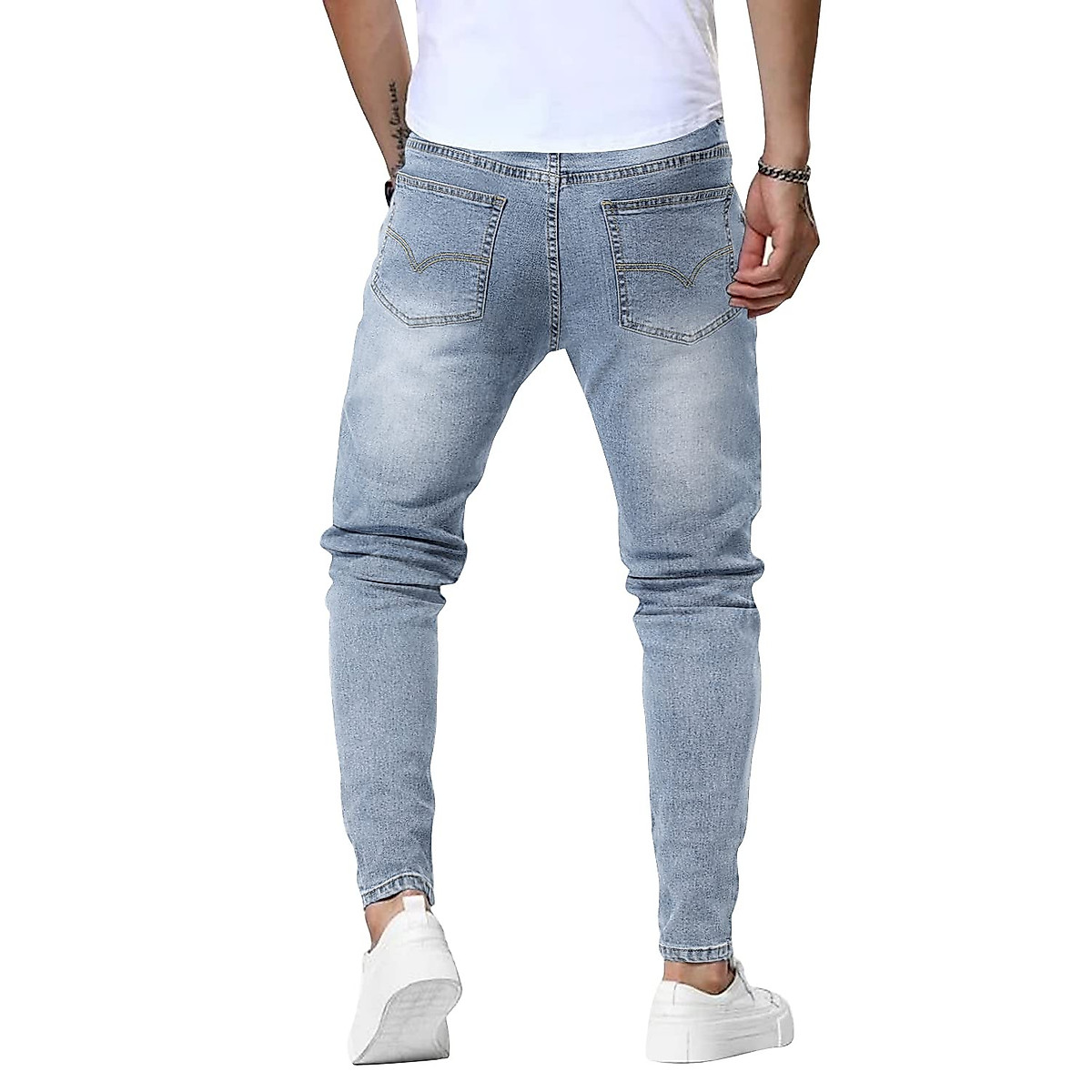 Mens Jeans Slim Fit Light Blue Distressed Skinny Jeans for Men Buckle Tapered Denim Jeans Stretch Fit Long Jean Pants