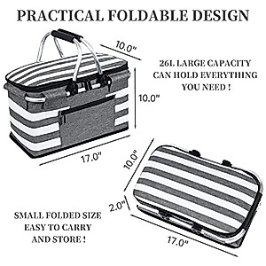 KEFOMOL Insulated Picnic Basket,Leak-Proof Collapsible Cooler Bag,26L Grocery Basket with Lid,2 Sturdy Handles,Storage Basket for Picnic,Food Delivery,Take Outs,Market Shopping,Travel (Gray)