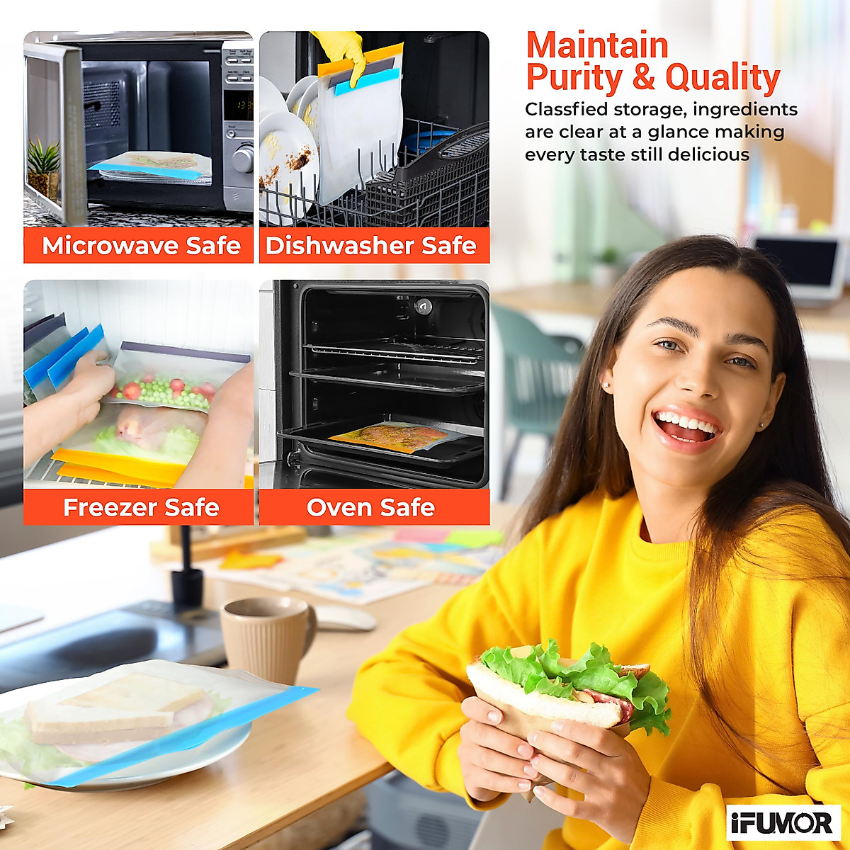 10 Pack Dishwasher Safe Reusable Silicone Food Storage Bags Leak Proof Ziplock Freezer Bags for Food Storage Home Organization Travel Makeup BPA Free for Fruit 3 Gallon 4 Sandwich 3 Snack