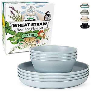 Grow Forward Premium Wheat Straw Plates and Bowls Sets - 8 Piece Unbreakable Microwave Safe Dishes - Reusable Wheat Straw Dinnerware Sets - Wheat Straw Bowls for Cereal, Soup, Camping, RV - Glacier