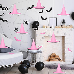 Whaline 14Pcs Halloween Pink Witch Hat with 109 Yards Hanging Rope 32Pcs 3D Bat Stickers Scary Witch Cap Halloween Hanging Decoration for Halloween Home Inside Outside Garden Yard Lawn Decoration