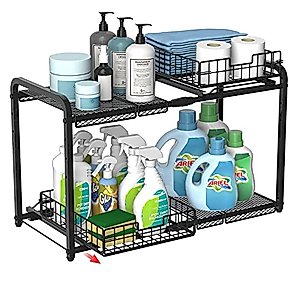 Expandable Under Sink Organizers and Storage, 2-Tier Cabinet Organizer Shelf with 2 Slide-out Baskets, Adjustable Large Under Sink Storage Racks for Bathroom Kitchen,Black