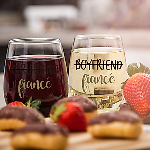 Set of 2 Fiance Stemless Wine Glasses, Boyfriend and Girlfriend Wine Glass for Couples, Boyfriend Girlfriend, Gift Idea for Engagement, Wedding, Christmas, Bridal Shower, Valentine's Day, 15Oz
