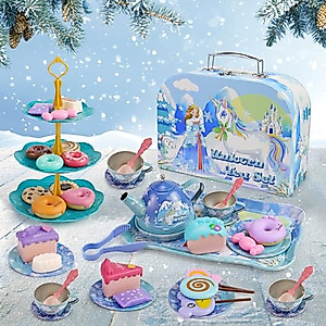 Toddler Toys Tea Set for Little Girls - 48 Pcs Tin Tea Set for Kids Includes Teapot, Tea Cup, Saucers Set Snack Plates & Desserts , Unicorn Princess Tea Party Set with Carrying Case