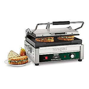 Waring Commercial WPG250T Panini Supremo Large Ribbed Panini Grill, With 20 Minute Countdown Timer, 120V, 1800W, 5-15 Phase Plug,Green