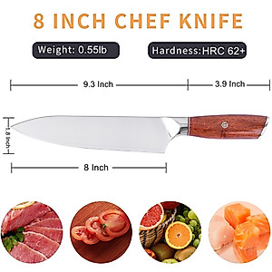 BOMCET 8" Pro Chef's Knife, Super Sharp Blade HRC62+ German Steel Kitchen Knife with Ergonomic Handle Design
