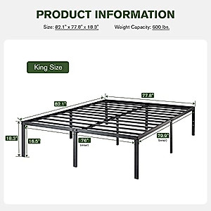 IMUsee Heavy Duty 18inch King Size Metal Platform Bed Frame with Large Under Bed Storage Space, Sturdy Metal Frame/Mattress Foundation/No Box Spring Needed/Easy Assembly/Noise-Free