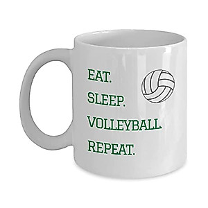 Gifts for Volleyball Players, "Eat Sleep Play Volleyball Repeat" Classic Coffee Mug, 11 Ounce, White and Green, Man Playing Volleyball