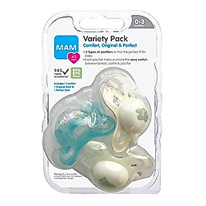 MAM Pacifier Newborn Variety Pack (1 Comfort, 1 Perfect Start, 1 Newborn Original Start) Best Pacifier for Breastfed Babies, 0-3 Months, Unisex, 3-Pack
