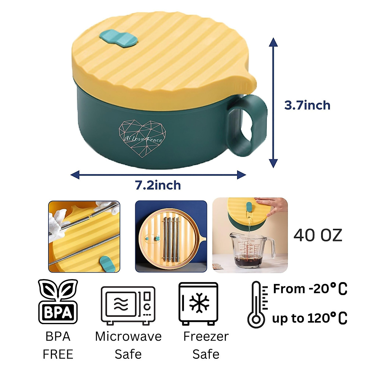 AI LOVE PEACE Microwave Ramen Soup Bowl - Instant Noodle Cooker for Dorm Room Essentials with Lid - Ramen Maker - Microwave Safe Bowls BPA Free Pefect College Gifts and Holiday Gifts