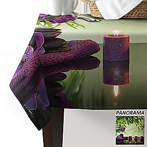 Cotton Linen Tablecloth Zen Spa Wrinkle-Free Table Cloth Cover Butterfly Orchid Zen Basalt Stones Candle Purple Table Decorative for Wedding Dinning Party Banquet Tabletop Rectangle/Oblong, 54"Wx87"L