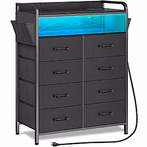Rolanstar Dresser with Power Outlets and LED Lights, 8 Drawers Dresser with Side Pockets, Fabric Chest of Drawers with PU Finish, Tall Dresser with Sturdy Frame & Wood Top for Bedroom, Black
