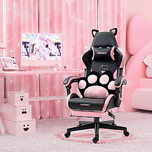 Vigosit Cute Gaming Chair with Cat Paw Lumbar Cushion and Cat Ears, Ergonomic Computer Chair with Footrest, Reclining PC Game Chair for Girl, Teen, Black Pink