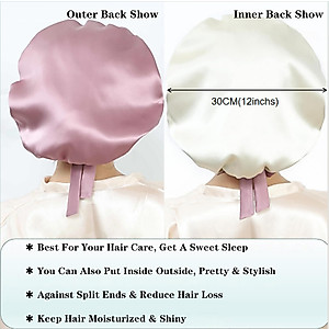 Cocheng 100% Mulberry Silk Bonnet Double-Sided Silk Sleep Cap With Adjustable Ribbon 19 Momme Silk Bonnet for Sleeping (Bean Pink)