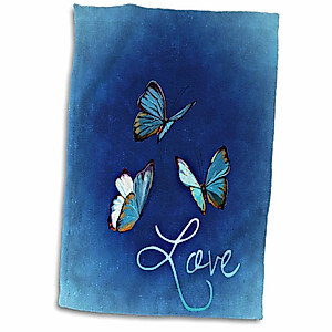 3D Rose Love Style with Butterfly and Blue Background Hand Towel, 15" x 22"