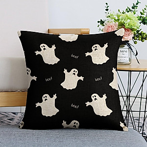 Happy Halloween Cartoon Ghosts Throw Pillow Covers 18×18 Pillowcases Set of 2 Cute Black Linen Decorative Square Pillow Case Cushion Covers Standard Size for Sofa Couch Outdoor Bed Pillow Protectors