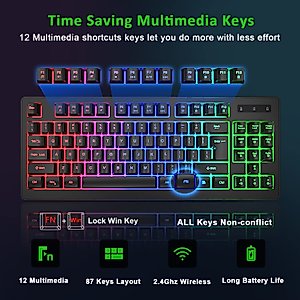BlueFinger Wireless Gaming Keyboard, Rechargeable RGB Rainbow Backlit Gaming Keyboard, Compact 87 Keys Wireless Keyboard for Mac Laptop Computer PC Gamer