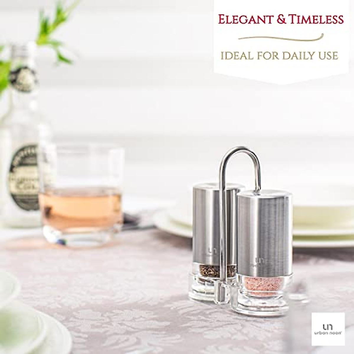 Salt and Pepper Shakers with Holder - Elegant Stainless Steel Shaker Set by urban noon