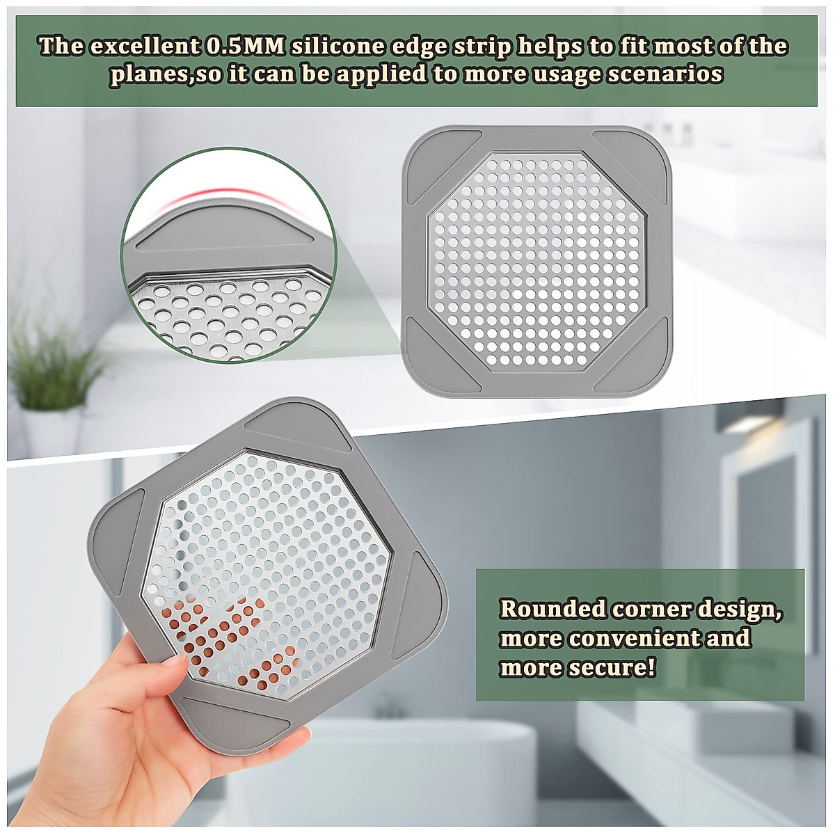 Shower Drain Hair Catcher 5.7-inch Square Drain Cover Protector Hair Stopper Trap Flat Strainer,Easy to Install,Suit for Bathroom Floor Drain,Stainless Steel and Silicone