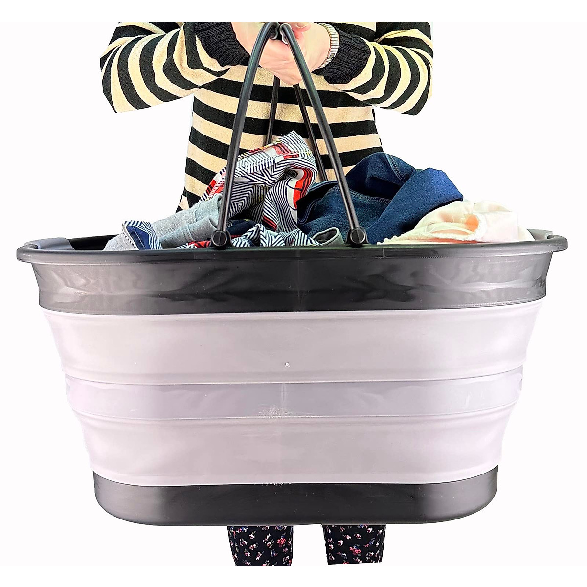 SAMMART 38L (10 Gallons) Collapsible Plastic Laundry Basket - Foldable Storage Container/Organizer - Portable Washing Tub - Space Saving Laundry Hamper (Black/Alloy Grey)