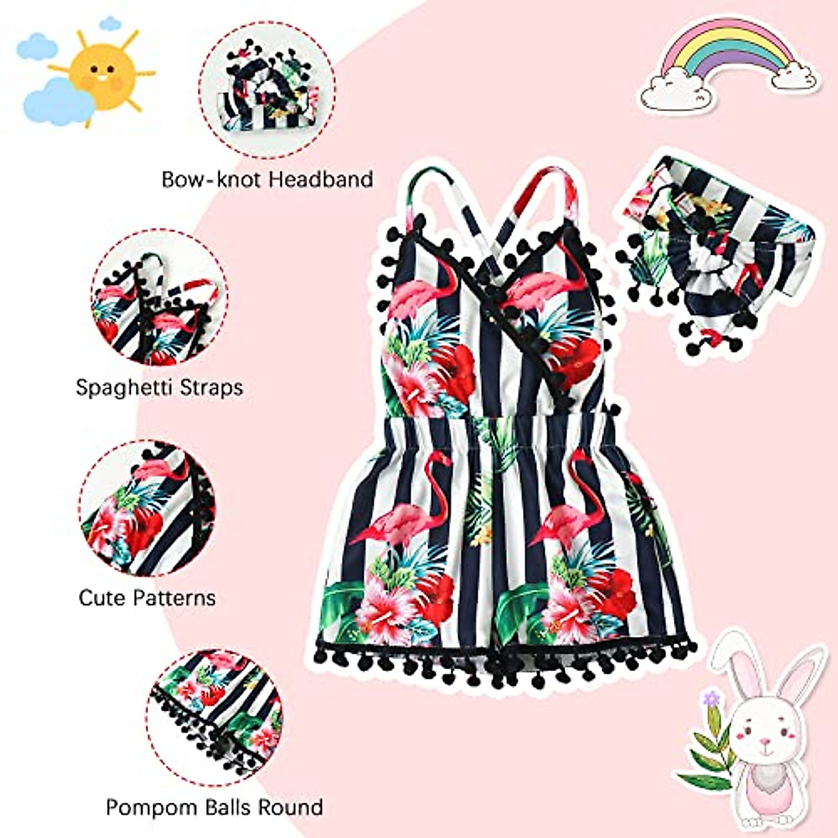 SAPGEJJDJFGE Toddler Baby Girl Clothes Backless Shorts Romper Tassel Jumpsuits Summer Outfit Set with Headband Flamingo 3-4T