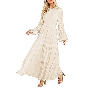 MITILLY Women's Elegant Floral Long Sleeve Round Neck Smocked A-Line Flowy Tiered Maxi Dress with Pockets Medium Apricot