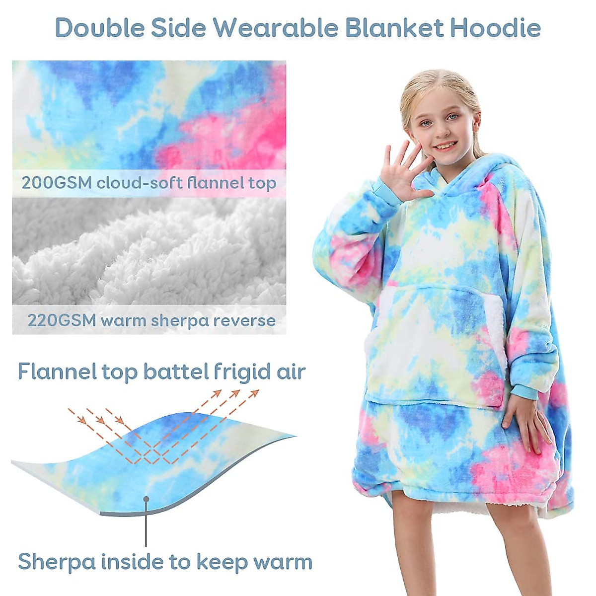 Topblan Blanket Hoodie for Kids Girls Boys Teens, Oversized Flannel & Sherpa Blanket with Hood Pocket and Sleeves, Cozy Warm Hoodie Blanket, Blue Purple